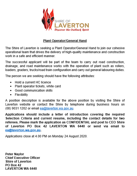 Employment » Shire of Laverton